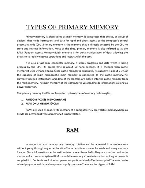 Memory Types Types Of Primary Memory Primary Memory Is Often Called