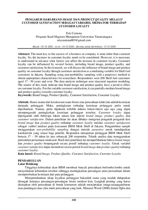 Pdf Pengaruh Dari Brand Image Dan Product Quality Melalui Customer Satisfaction Sebagai