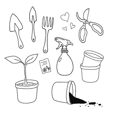 Premium Vector Summer Gardening Doodle Set Potted Sprout And Garden Tools