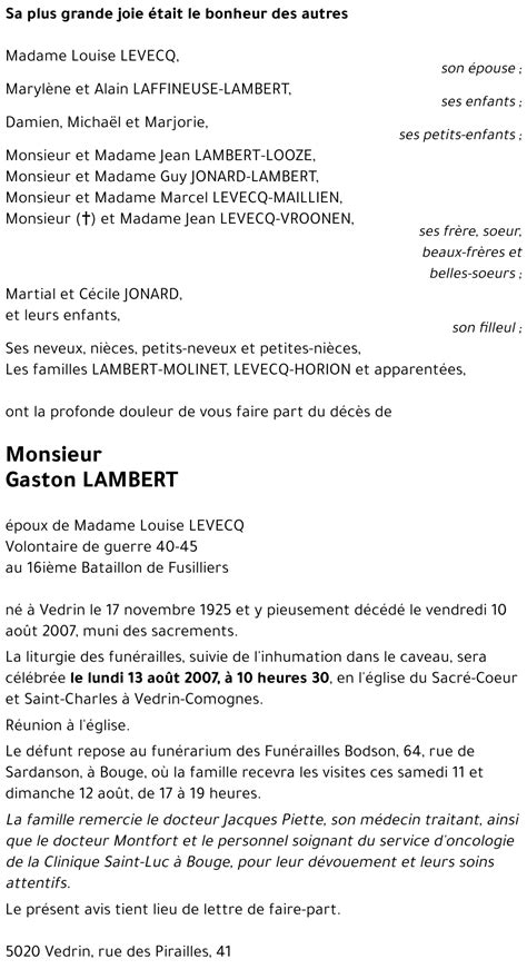 Avis De Décès De Gaston Lambert Décédé Le 10082007 à Vedrin Annonce