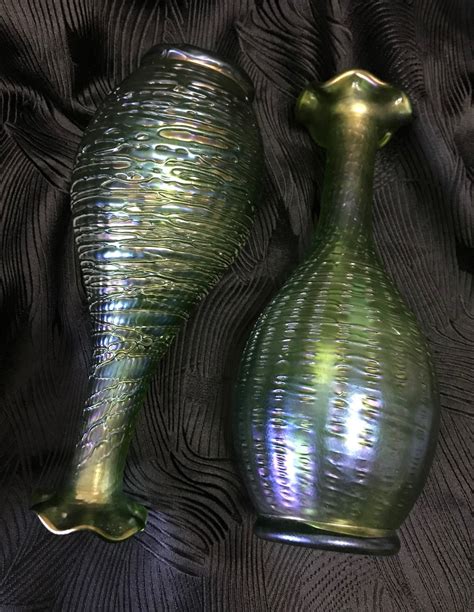 Pair Bohemian Art Nouveau Green Glass Vases Loetz Creta Chine