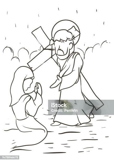 예수 예루살렘의 여인들과 만나는 장면을 묘사한 비아 크루시스 그림 벡터 삽화 십자가 수난길에 대한 스톡 벡터 아트 및 기타