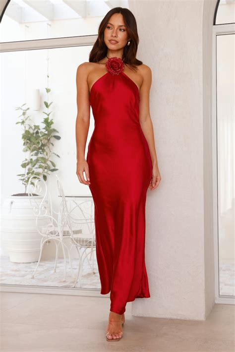 Admired By All Satin Halter Maxi Dress Red Hello Molly