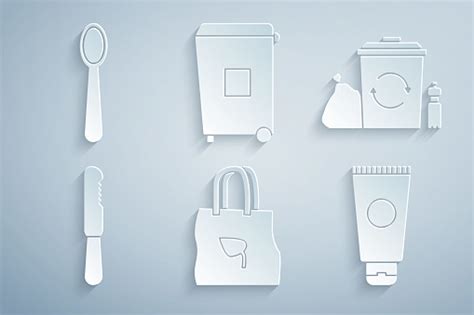 재활용 휴지통 일회용 플라스틱 칼 크림 화장품 튜브 쓰레기통 및 숟가락 아이콘이 있는 쇼핑백을 설정합니다 벡터 3차원 형태에 대한 스톡 벡터 아트 및 기타 이미지 Istock