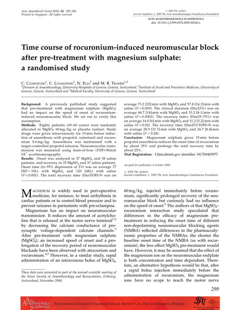 Pdf Time Course Of Rocuronium Induced Neuromuscular Block After Pre Treatment With Magnesium