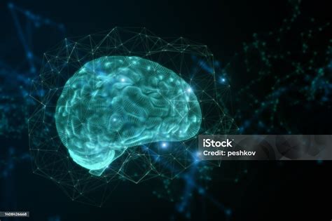 흐릿한 배경에 추상적인 파란색 다각형 뇌 홀로그램 Ai 및 기계 학습 개념 3d 렌더링 뇌에 대한 스톡 사진 및 기타 이미지