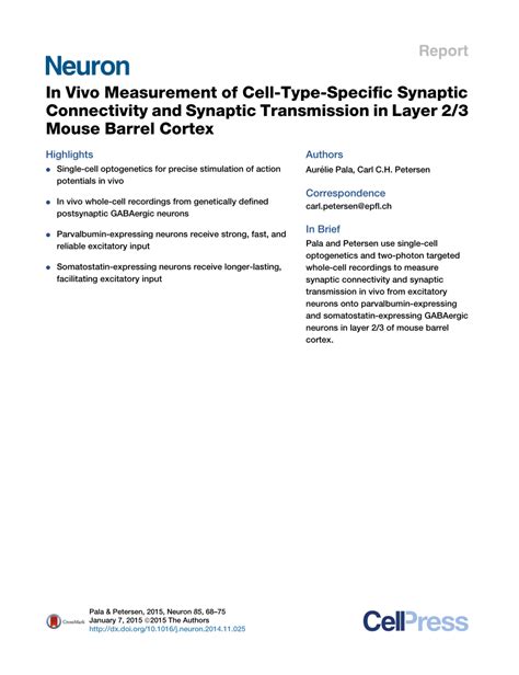 Pdf In Vivo Measurement Of Cell Type Specific Synaptic Connectivity
