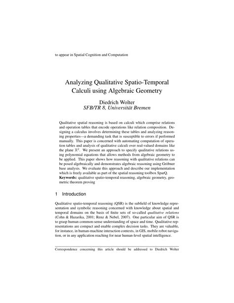 Pdf Algebraic Methods For Analyzing Qualitative Spatio Temporal Calculi
