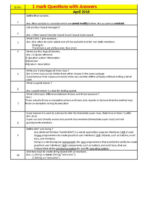 java 1 marks updated sr no 1 mark questions with answers april 2016