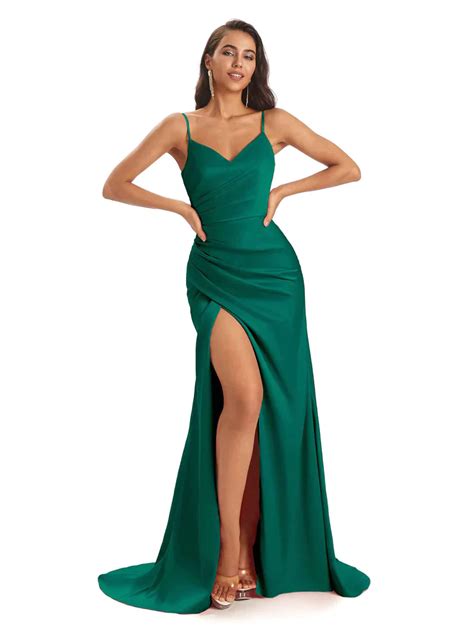 Emerald Sexy Side Slit Silky Mismatched Soft Satin Mermaid Long Brides