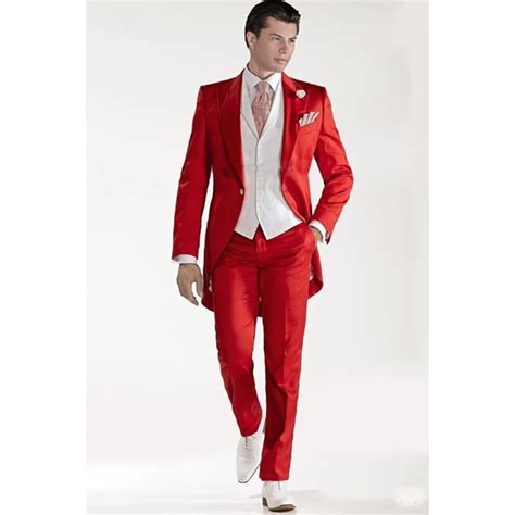 Custom Shiny Red Men Tailcoat Suit Groom Tuxedos Peaked Lapel Mens