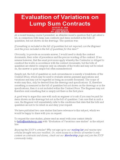 Evaluation Of Variations On Lump Sum Contracts Pdf