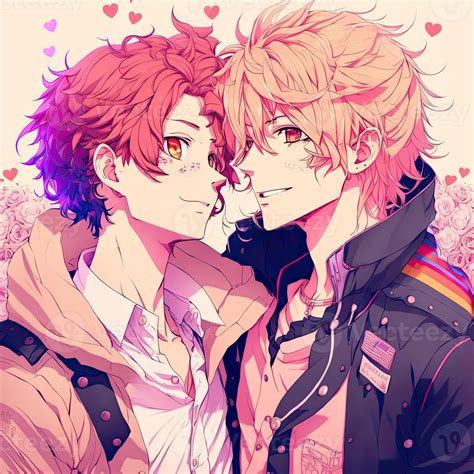 Anime Lgbtqplus Cartoon Couple On Valentines Day Is Hugging With Many