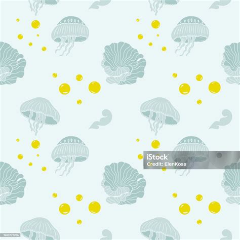 손으로 그린 해파리와 산호 매끄러운 패턴 질감이 있는 리노 컷 스타일의 여름 일러스트레이션 배경 장난기 넘치는 귀여운 파스텔 색상의 벽지 0명에 대한 스톡 벡터 아트 및