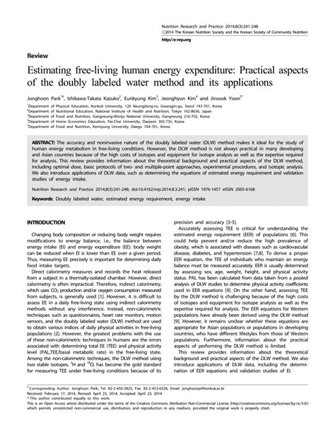 PDF Estimating Free Living Human Energy Expenditure Practical Aspects Of The Doubly Labeled