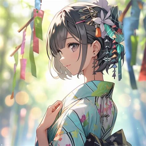 Premium Ai Image Anime Girl With A Flowered Hairdo And A Blue Kimono