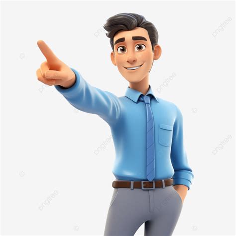 파란 셔츠를 입은 사업가가 가리키며 포즈를 추천하는 사업가 파란 셔츠가 위쪽을 가리키는 3d 그림 사업 실업가 확대 Png