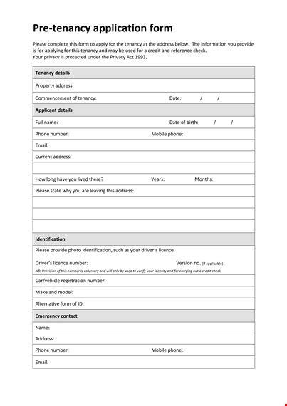 Pre Tenancy Application Form