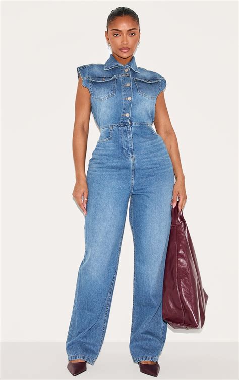 Shape Light Blue Sleeveless Rigid Denim Jumpsuit Shape