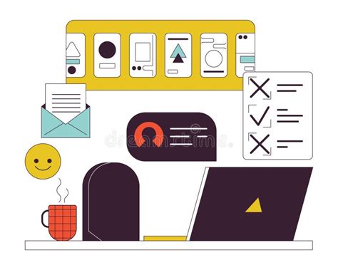 Workplace Flat Line Concept Vector Spot Illustration Stock Vector