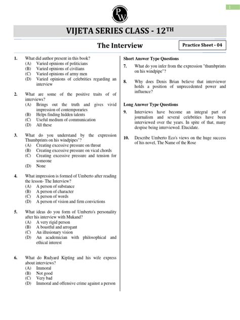 Flamingo The Interview Practice Sheet 04 Vijeta Series Class 12th Pdf