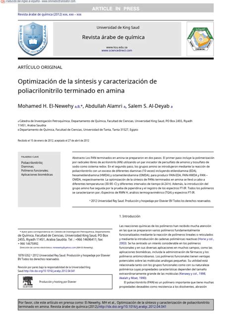 Optimization Of Amine Terminated Polyaacrylonitrile Synthesis And Characterization En Es Pdf