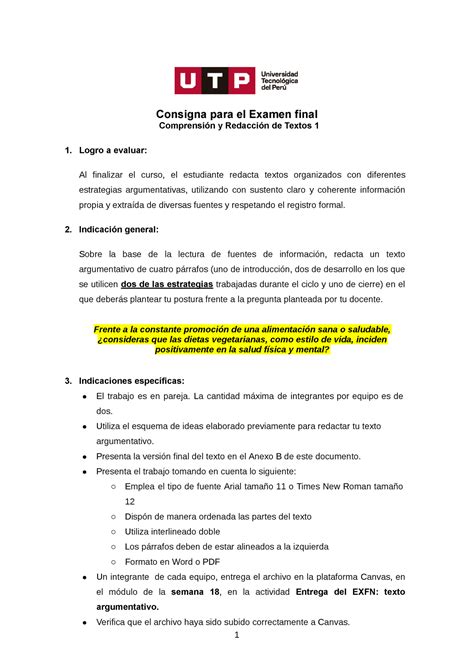 Examen final redacc si creo Consigna para el Examen final Comprensión y Redacción de Textos