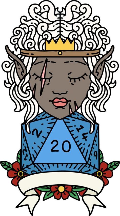 Retro Tattoo Style Elf Barbarian Character With Natural Twenty Dice