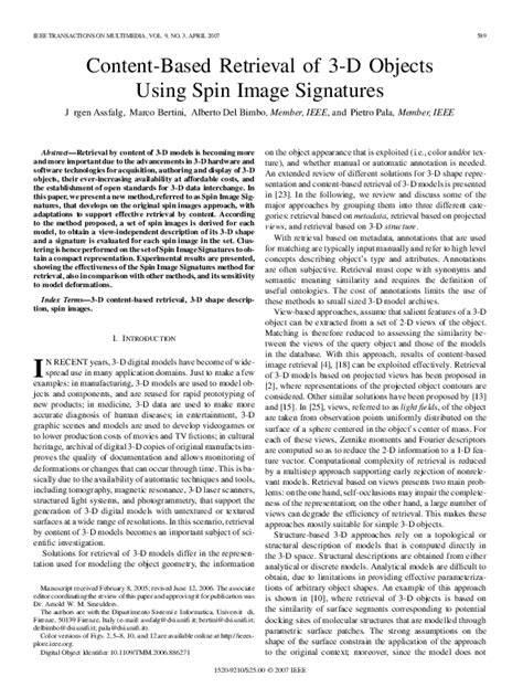 Pdf Content Based Retrieval Of 3 D Objects Using Spin Image Signatures