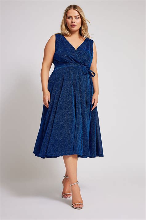 Yours London Plus Size Blue Metallic Wrap Skater Dress Yours Clothing
