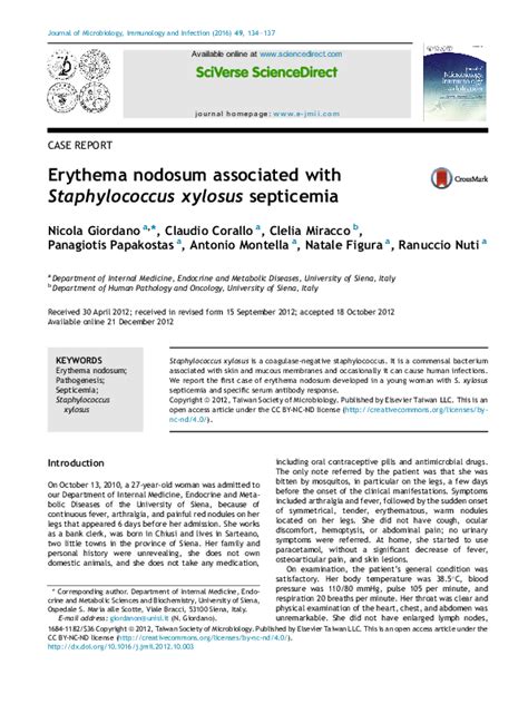 Pdf Erythema Nodosum Associated With Staphylococcus Xylosus Septicemia
