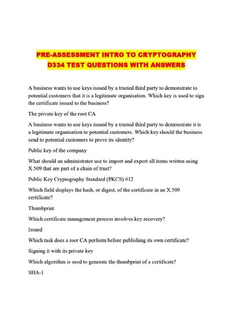Pre Assessment Intro To Cryptography D334 Test Questions With Answers