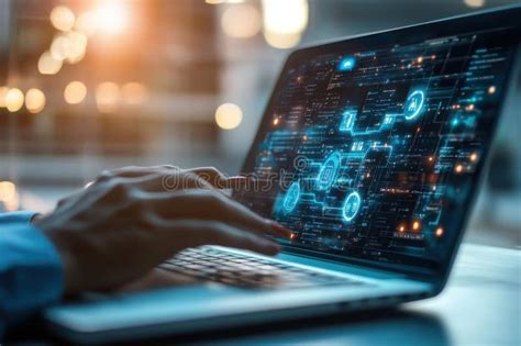 software engineer working with futuristic augmented reality graphical user interface on laptop