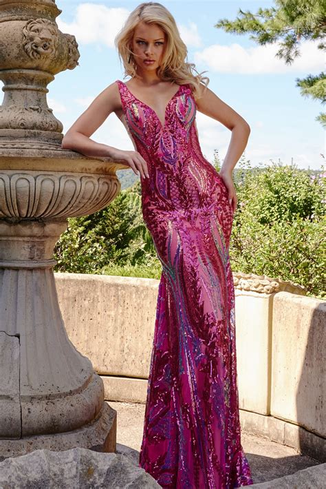 Jovani 22770 Iridescent Hot Pink Plunging Neck Sheath Dress Jovani
