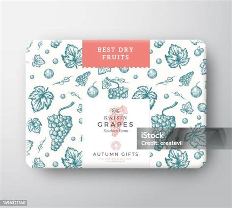 말린 과일 건포도 골판지 상자 Label Cover가 있는 추상 벡터 포장 종이 용기 포장 디자인 현대 타이포그래피와 손으로