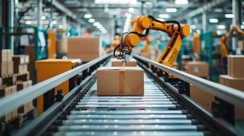 Brazo Robótico Que Opera En Una Cinta Transportadora En Un Almacén Automatizado Que Muestra La