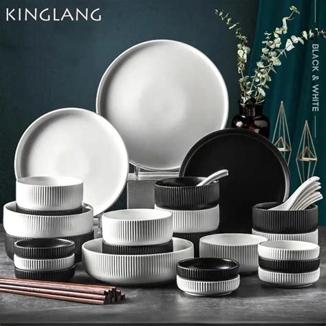 Kinglang 북유럽 디자인 디너 세트 흑백 컬러 세라믹 식기 세트 46 인용 접시 세트디시 And 플레이트 Aliexpress