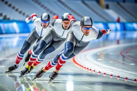 Speed Skating Speed Skaters In Aerodynamic Suits Race Around A Long