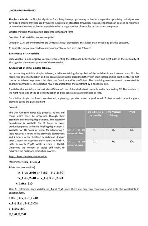 Linear Programming LINEAR PROGRAMMING Simplex Method The Simplex Algorithm For Solving