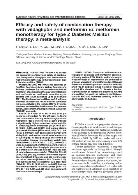 Pdf Efficacy And Safety Of Combination Therapy With Vildagliptin And Metformin Vs Metformin
