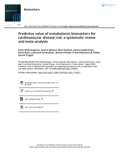 Pdf Predictive Value Of Metabolomic Biomarkers For Cardiovascular