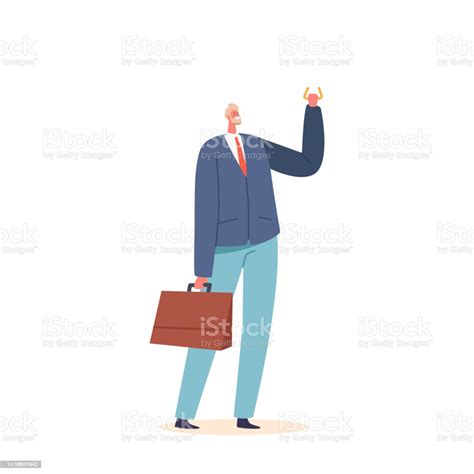 흰색 배경에 고립 된 대중 교통에서 서류 가방을 들고 손잡이를 가진 사업가 지하철의 캐릭터 스탠드 개념에 대한 스톡 벡터 아트