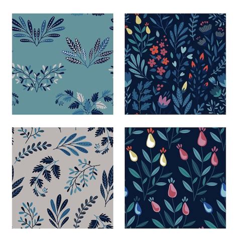 Conjunto de padrões sem emenda naturais coloridos de vetor flores folhas e plantas Vetor