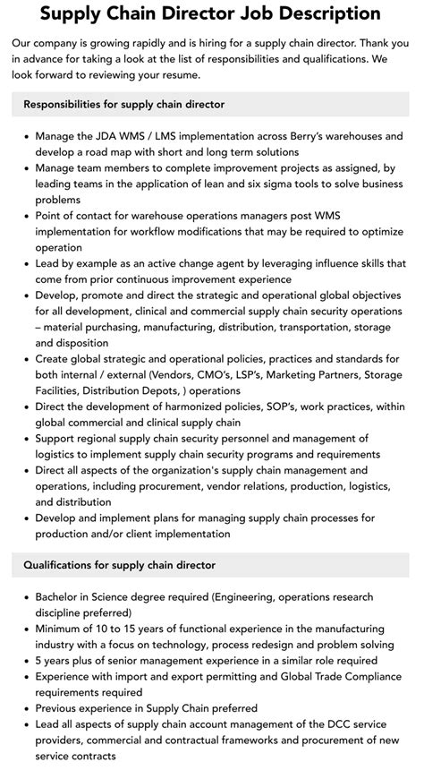 Supply Chain Director Job Description Velvet Jobs