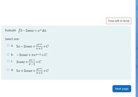 solved time left 0 16 58evaluate ∫﻿﻿5 2sinx xπdx select