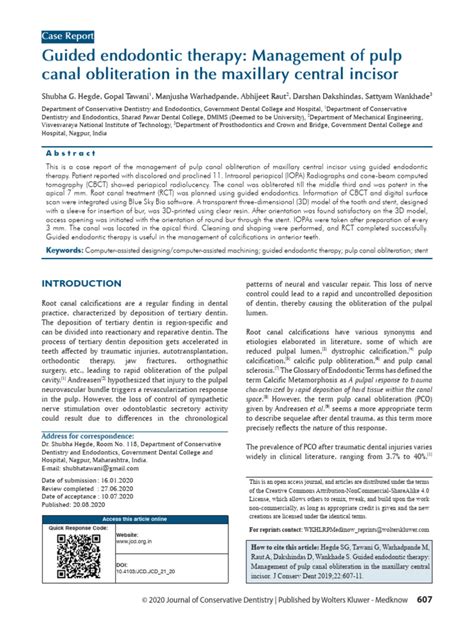 Guided Endodontic Therapy Management Of Pulp Canal Obliteration Pdf