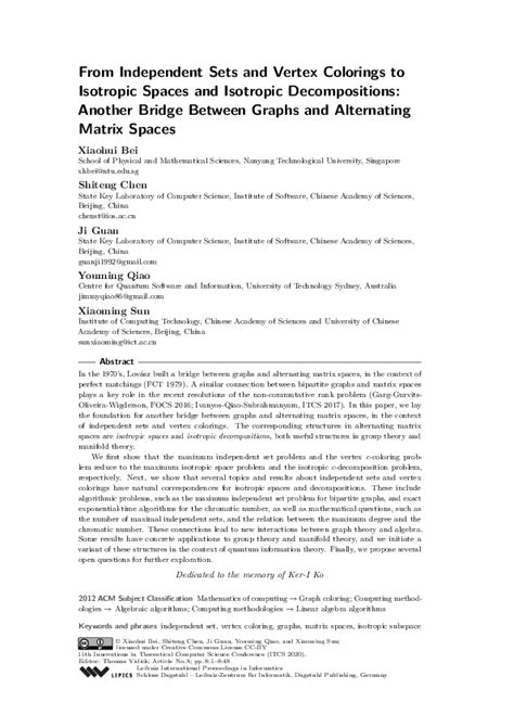 Pdf From Independent Sets And Vertex Colorings To Isotropic Spaces