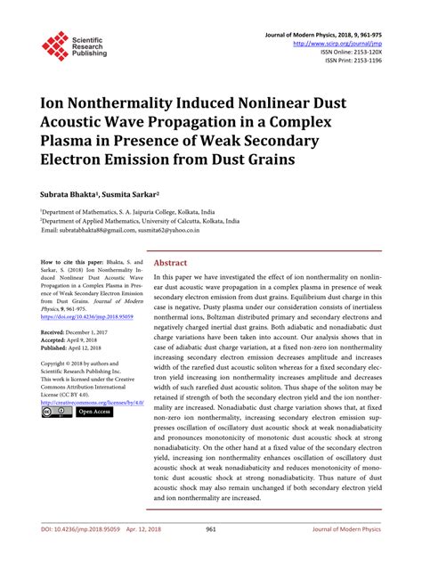 Pdf Ion Nonthermality Induced Nonlinear Dust Acoustic Wave