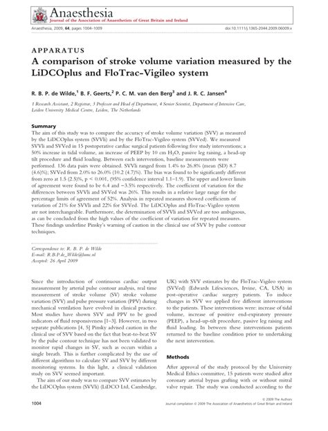 Pdf A Comparison Of Stroke Volume Variation Measured By Lidcoplus And Flotrac Vigileo System
