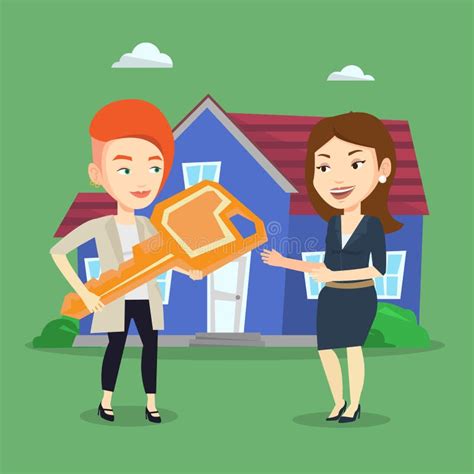Real Estate Agent Giving Key To New House Owner Stock Vector